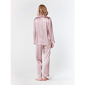SIORO Womens Silk Pajamas Soft Long Satin Sleepwear Ladies Pajama Sets Button Down Loungewear Pyjamas Suit, Dusty Rose, Large