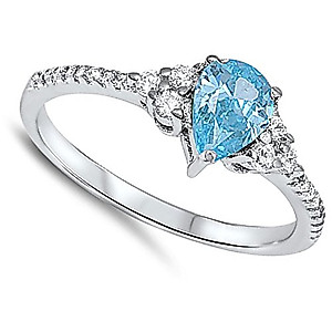 Pear Solitaire Simulated Aquamarine Polished Ring .925 Sterling Silver Band Size 8