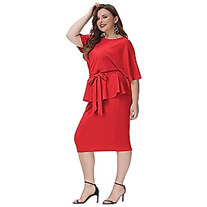 Hanna Nikole Peplum Dress for Women Plus Size Wedding Guest with Short Sleeves Sheath Dress Red 22 Plus