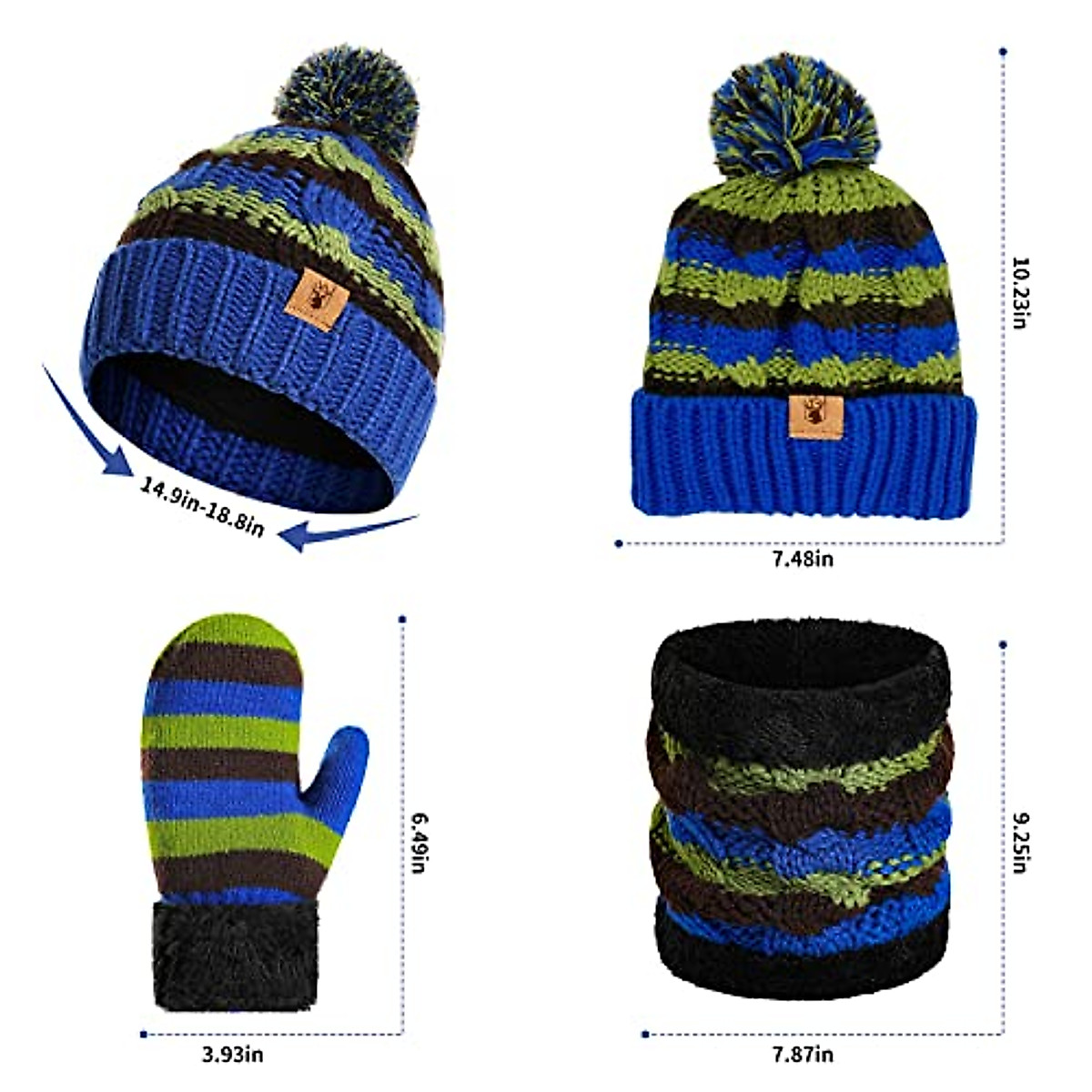 Kids Winter Pompom Beanie Hat Scarf Gloves Set for Boys&Girls Age 3-8, Fleece Lined Skull Cap Neck Warmer Mitten Set Blue