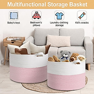 Comfymon Large Blanket Basket, 22" x 22" x 14" Woven Baby Laundry Blanket Basket Toy Basket with Handle, Kids Dog Toy Storage Baskets Organizer Bins, Blanket Storage for Living Room, Pink