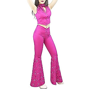 70s 80s Hippie Disco Costume Pink Flare Pant Halloween Cosplay For Women Girls (Color : Barbie, Size : 110)