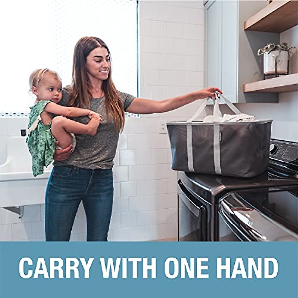 CleverMade Collapsible Fabric Laundry Baskets - Foldable Pop-Up Storage Container Organizer Bags - Large Rectangular Space Saving Clothes Hamper Tote with Carry Handles, Pack of 2, Charcoal
