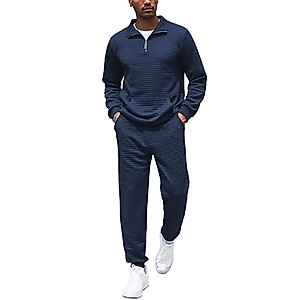 COOFANDY Men's Tracksuit 2 Piece Quarter Zip Sweatsuit Workout Plaid Jacquard Jogging Suit Set