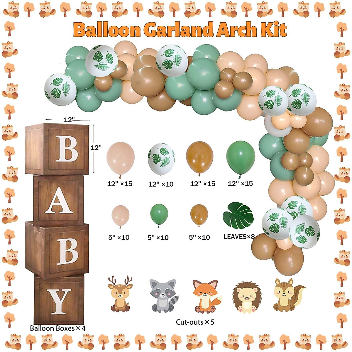 Hombae Woodland Baby Shower Decorations, Baby Shower Decorations for Boy, Forest Animal Gender Neutral Baby Shower Decorations Backdrop Balloon Leaf Banner Box Cutout Cake Cupcake Topper Sash Brown