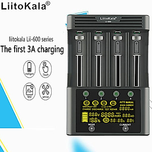 icover Universal Smart Battery Charger, LiitoKala lii-600 LCD Display 4 Slots Smart Charger Li-ion 3.7V NiMH 1.2V for Rechargeable Batteries 18650 26650 16340 14500 + Car Charger