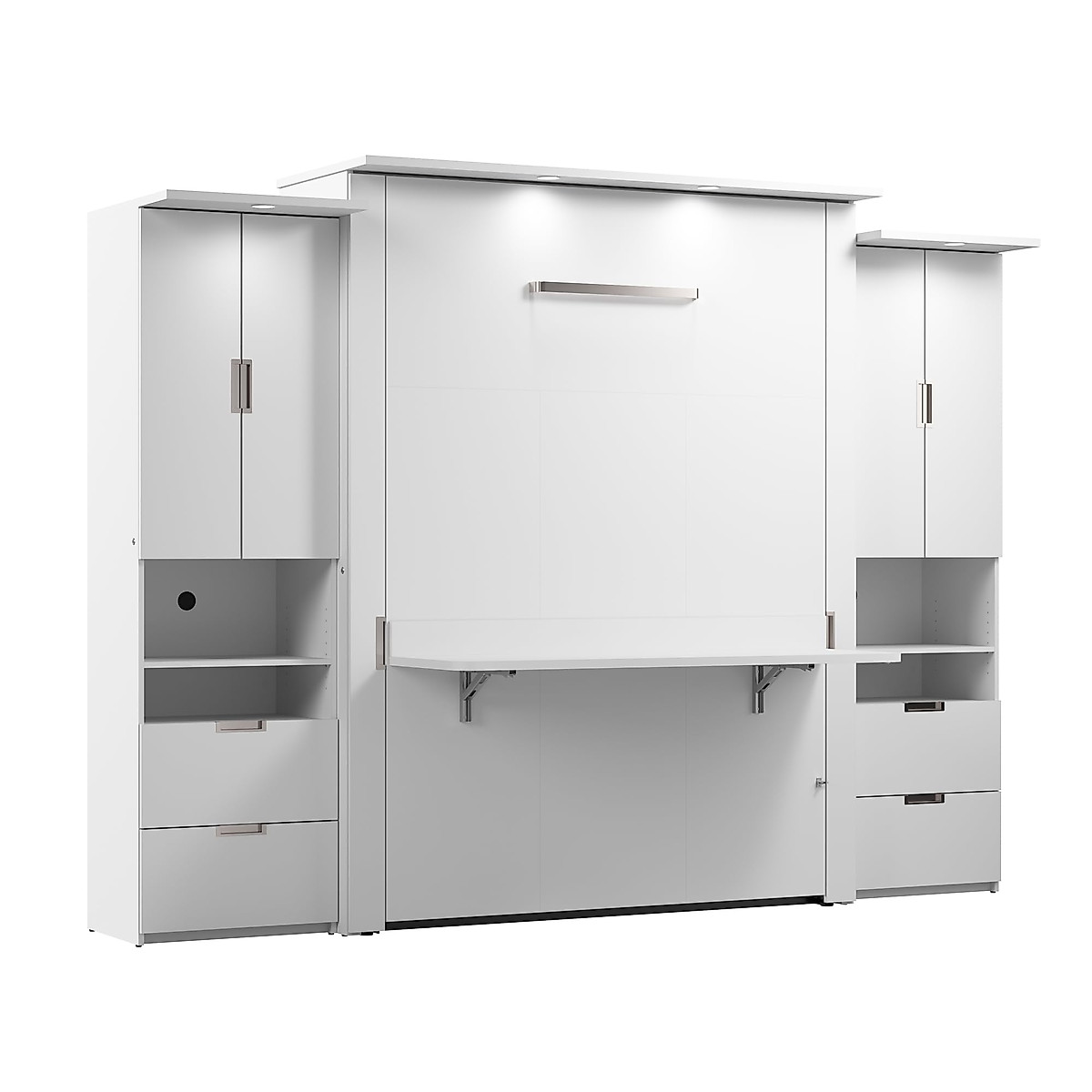 Bestar Lumina Murphy Bed with Desk and 2 Storage Cabinets in White, Sleeping Arrangement with Drawers, Queen