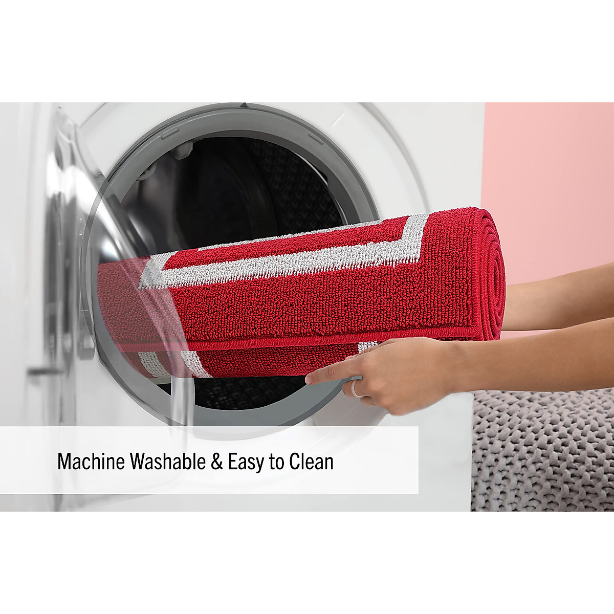 Nautica Runner Rug | Indoor Carpet for Entryway & Hallway Rug| Non-Slip and Non-Skid Entry and Kitchen Door Mat| Machine Washable Low Profile Floor Mat | 26" x 72"| Double Border Red and White