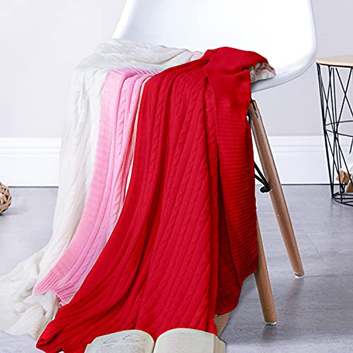 NTBAY 100% Pure Cotton Cable Knit Throw Blanket, Super Soft Warm 51x67 Knitted Throw Blanket for Couch, Sofa, Chair, Bed - Extra Cozy, Machine Washable, Comfortable Home Decor, Red