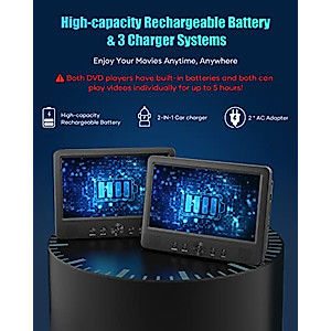 WONNIE 10.5" Two DVD Players Dual Screen Portable Twins CD Player for Car Play a Same or Two Different Movies with 5-Hour Rechargeable Battery, 2 Mounting Brackets, Support USB/SD Card Reader