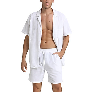 RPOVIG Linen Shirt Short Outfits:Men's Beach 2 Pieces Casual Button-Down Sets