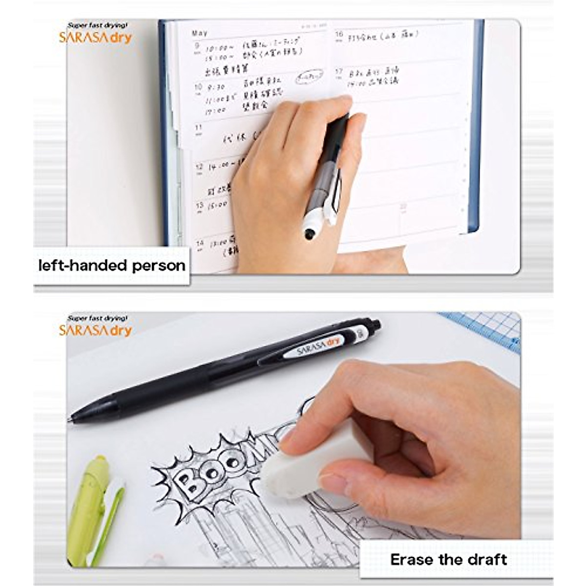 Zebra Sarasa Dry 0.5 Retractable Gel Ink Pen for left-handed, Rubber Grip, 0.5 mm, 3 Body Color Black Ink, Sticky Notes Value Set