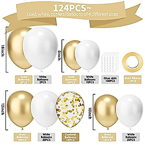 ZOPIBAICO White Gold Balloon Garland Arch Kit - 124pcs 18 12 10 5In White Metallic Chrome Gold and Gold Confetti Latex Balloons for Graduation Birthday Wedding New Year Party Decorations
