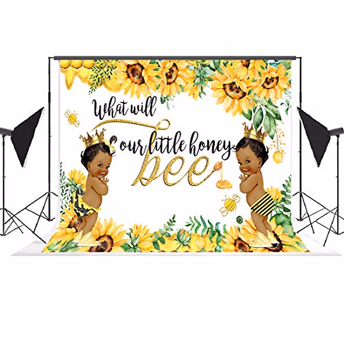What Will Little Honey Bee Backdrop Gender Reveal Party Decorations for Baby Shower Boy or Girl Gender Reveal Sunflower Background Photo Banner 7x5ft