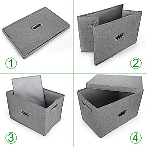 Valease Linen Fabric Collapsible Storage Bins with Removable Lids and Handles, Washable Storage Box Containers Baskets Cube with Cover for Bedroom,Closet,Office,Living Room,Nursery (Grey, Small)