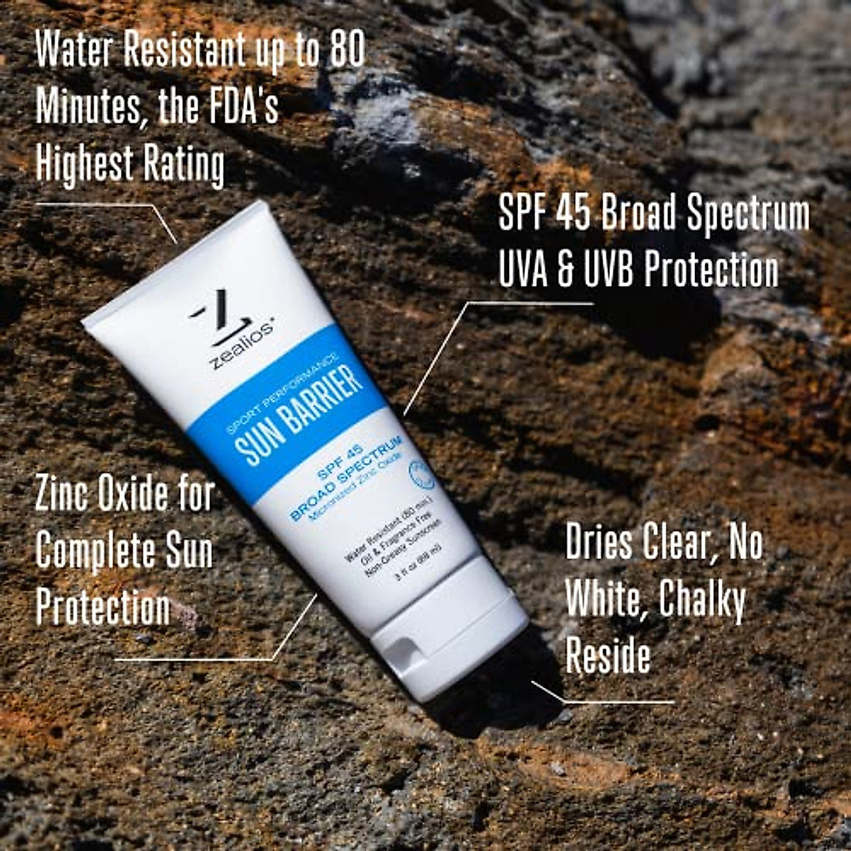 Sun Barrier 3 oz by Zealios - Broad Spectrum SPF 45 Non-Greasy Water-Resistant Zinc Sunscreen - Last Absorbing Sunblock Body Lotion for Athletes