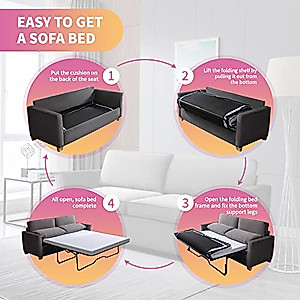 Mixoy Queen Size Pull Out Sofa Bed, Velvet Sofa with Pull Out Bed, Sleeper Sofa with Foam Mattress, 2-in-1 Sleeper Couch Bed for Living Room, Apartment, Small Spaces (Dark Grey)