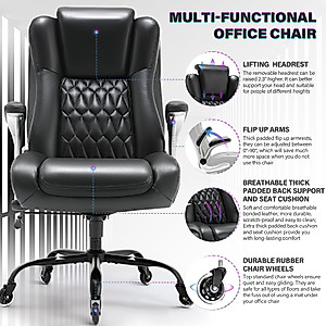 High Back Office Chair- Lifting Headrest Flip Arms Built-in Adjustable Lumbar Support, Executive Computer Desk Chair Ergonomic Design Strong Metal Base Multifunctional Home Office Work Chairs