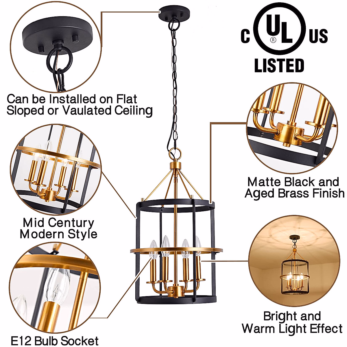 Modern Chandelier,4-Light Lantern Pendant Light,Matte Black and Brass Finish, Light Fixtures Ceiling Hanging,Chandelier Light Fixture for DiningRoom,Kitchen,Foyer,Entryway