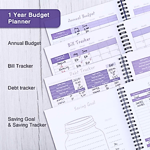Monthly Budget Planner Book (Undated) with 12 Pockets for Income, Debt, Saving, Expense and Bill Tracker Organizer, Purple, Spiral Design
