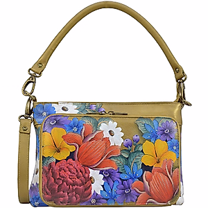 Anuschka Women’s Genuine Leather Shoulder Organiser - Hand Painted Exterior - Dreamy Floral