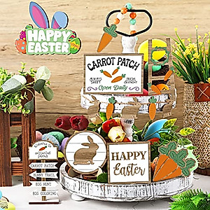 12 Pcs Easter Tiered Tray Decor Wooden Carrot Patch Bunny Egg Items Happy Easter Tray Signs for Spring Home Farmhouse Rustic Kitchen Decorations (Wooden Bunny)
