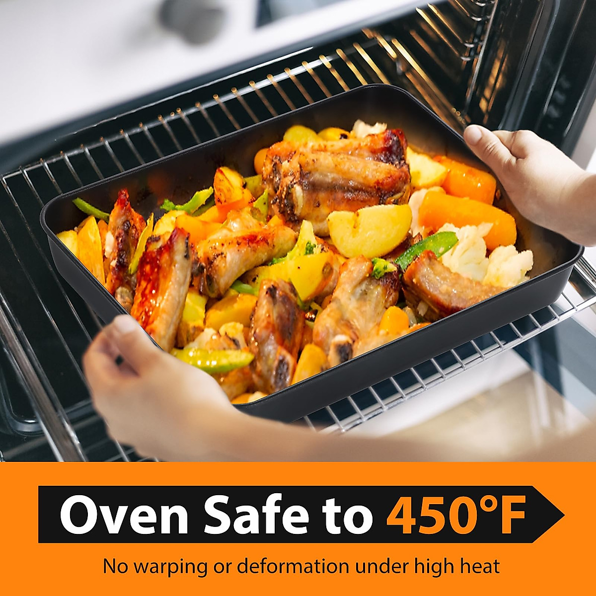 E-far Baking Pans with Lids Set of 3, Nonstick Sheet Cake Pan for Oven Lasagna Brownie Casserole - 12.5/10.5/9.4Inch, Rectangle Metal Bakeware Set, Stainless Steel Core - 6 Pieces(3 Pans + 3 Covers)