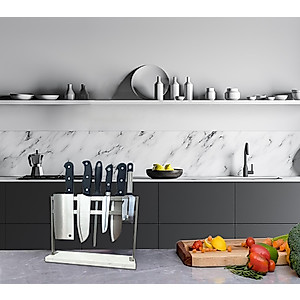 YIIYIIN Magnetic Knife Block with Marble Base - Double Sided Magnetic Knife Stand - Magnetic Knife Holder - Kitchen Knife Storage - Knife Holders for Counter Top - Marble White