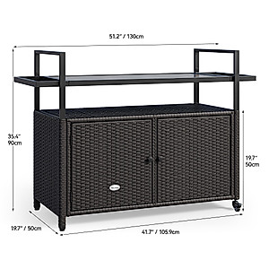 YITAHOME Large Portable Outdoor Wicker Bar Table, Wheels and Black Glass Table Top for Patio Kitchen and Bar Cart (Dark Brown)