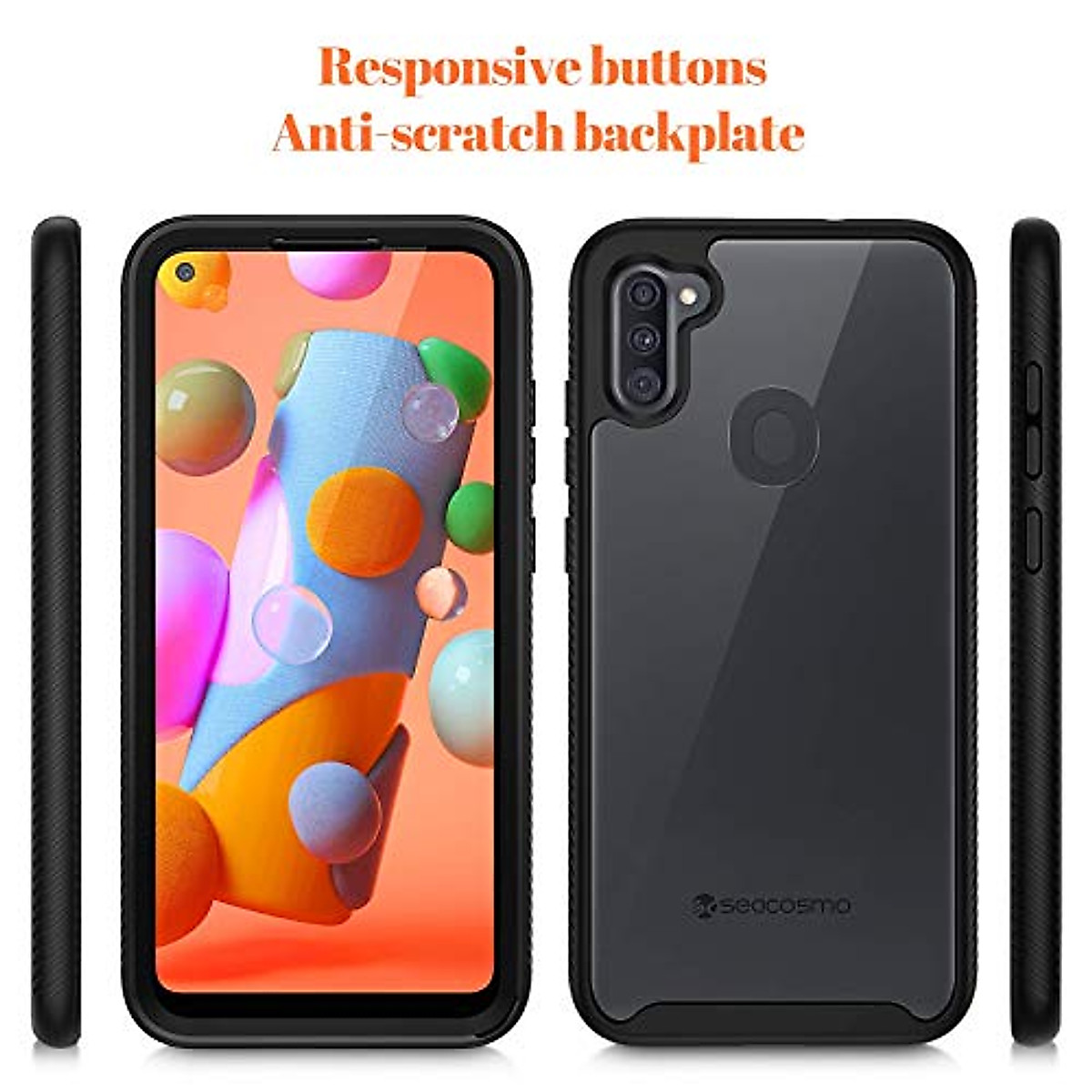 seacosmo Samsung A11 Case, Full Body Shockproof Cover [with Built-in Screen Protector] Slim Fit Protective Phone Case for Samsung Galaxy A11 – Black/Clear