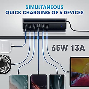 USB Car Charger, 6-Port Fast 65W Car Charger Cigarette Lighter Adapter DC with Smart Identification Compatible with iPhone, Android, Tablet and Other USB Devices