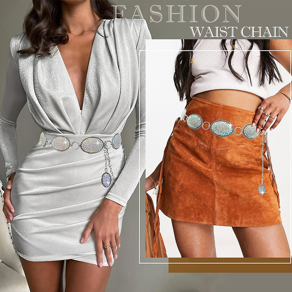 Xiokyo Bling Rhinestone Concho Belt Heavy Metal Western Crystal Chain Belt Cowgirl Sparkly Waist Chain for Women Dress