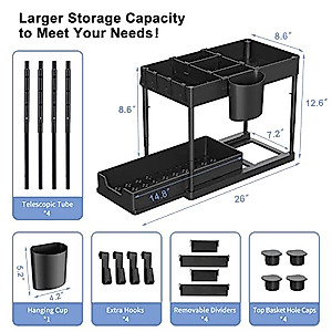 Under Sink Organizers and Storage, 2 Tier Black Bathroom Cabinet Organizer with 4-Height Adjustable Telescopic Tube,4 Removable Dividers,4 Hooks,1 Cup, Kitchen Under Sink Organizer,1 Pack