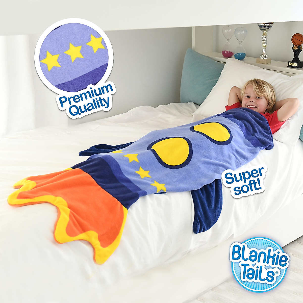 Blankie Tails Wearable Rocket Ship Blanket for Boys & Girls - Double Sided Fleece Astronaut Blanket for Space Toys Gifts, Sleepovers, and More - Space Blanket for Kids, Adults & Teens (Blue Rocket)