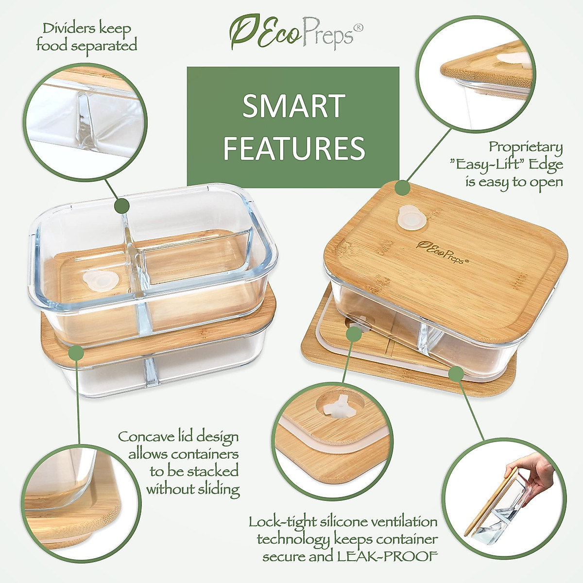 EcoPreps Glass Bento Box Containers with Bamboo Lids, 3 Compartment Glass Meal Prep Containers [3 Pack] - 100% Plastic Free, Eco-Friendly Glass Lunch Containers, Bamboo Glass Bento Boxes for Adults