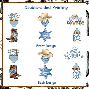 JOYMEMO 24 Pcs Little Cowboy Baby Shower Cupcake Toppers - Blue Brown Western Cowboy Baby Shower Decorations, Double Sided Wild West Baby Shower Cake Decor for Pregnancy Celebration Newborn Party