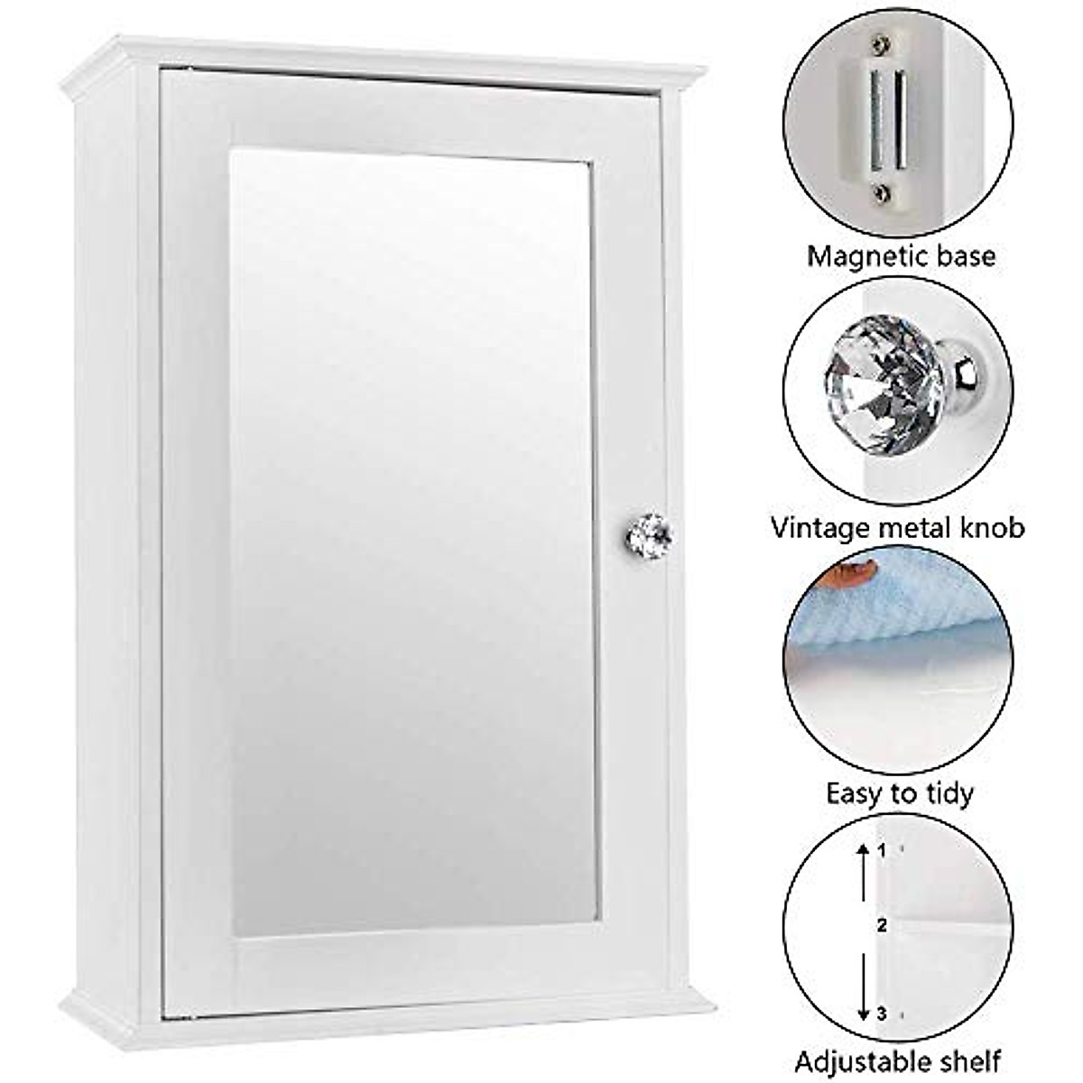 Bonnlo Bathroom Cabinet Wall Mount Mirrored Medicine Cabinet Storage Organizer with Single Door and 2 Adjustable Shelves White