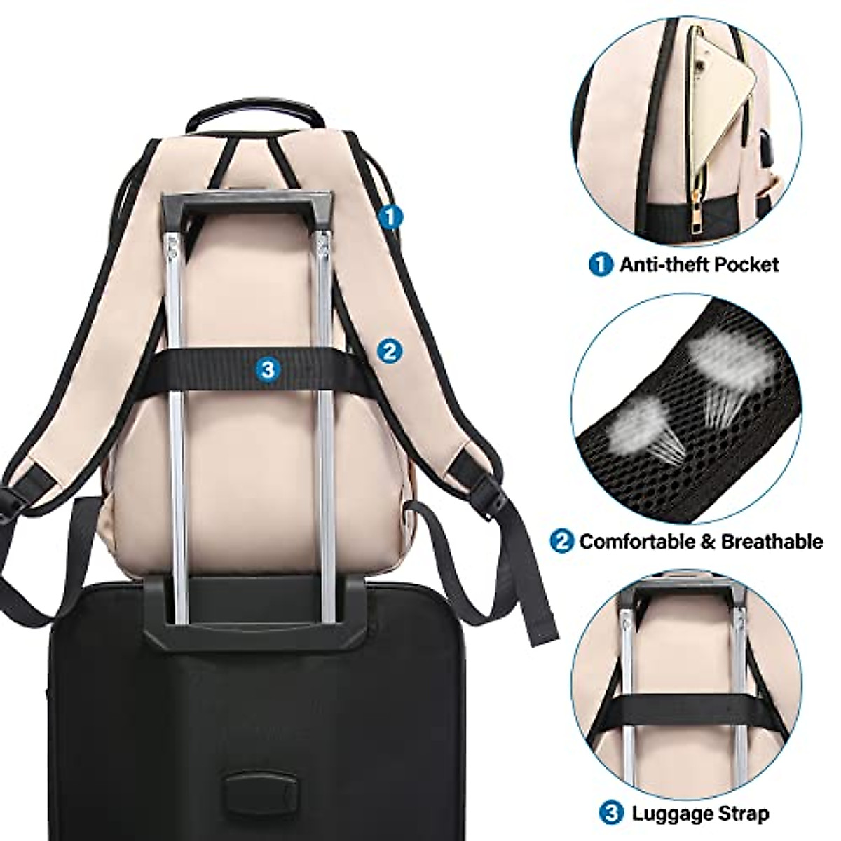 LOVEVOOK Laptop Backpack Purse for Women, Work Business Travel Computer Bags, College Nurse Backpack for Womens, Quilted Casual Daypack with USB Port, Fit 15.6 Inch Laptop, Antiquewhite