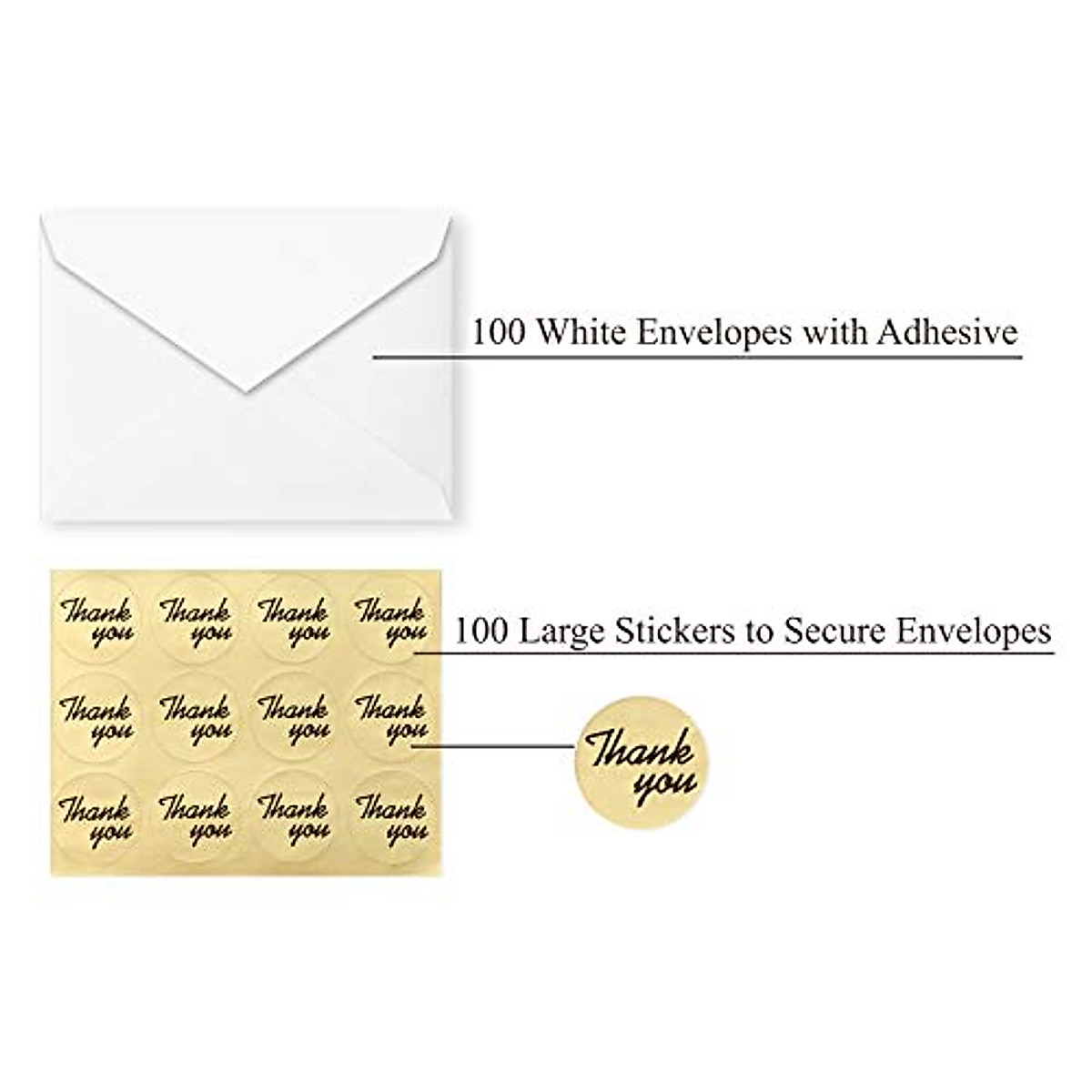 100 Thank You Cards in Black with Envelopes and Stickers - Quality Elegant Bulk Notes Embossed with Gold Foil Letters for Weddings, Graduations, Engagements, Business, Formal, Funeral, 4x6