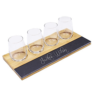 Custom Personalized Wine Flight Tasting Sampler Paddle Board and 4 Glasses Set - 12" x 6" Slate and Bamboo