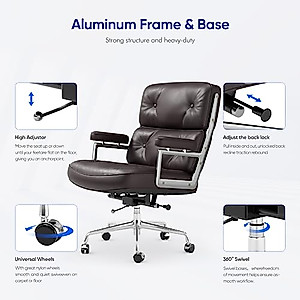 Rimdoc Padded Mid Back Office Chair with Armrest Big Desk Chair 350 Pounds Capacity, High Adjustable, Tilt and Forth, Heavy Duty Aluminum Alloy Frame, Lumbar Support, Genuine Leather, Brown