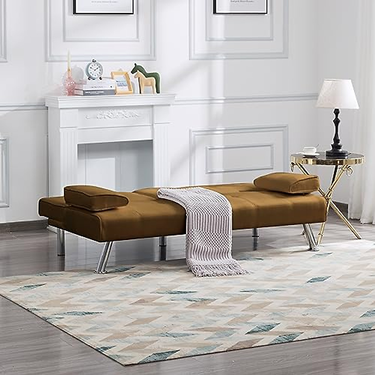 YUNLife&Home Upholstery Futon Sofa Loveseat Convertible Sleeper Couch Bed Daybed,Folding Recliner Sofá with 2 Cup Holders,Removable Soft Pillow-Top Armrest,3 Angles,Easy to Assemble for Living Room