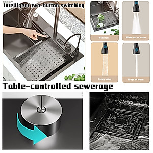Kitchen Sink Digital Display Embossed Large Single Groove 304 Stainless Steel Nano Raindance Waterfall Sink with Pressurized Cup Washer and Two Waterfalls