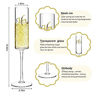 Mr and Mrs Champagne Flutes with Long Stem,Bride and Groom Toasting Glass,Elegant 7oz Square Wine Glasses Set of 2, Bridal Shower Unique Gift for Wedding, Anniversary, Engagement Gifts for Couples