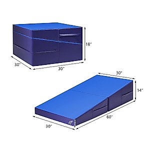 GYMAX Incline Gymnastic Mat, Folding and Non-Folding 60”x30”x14” Tumbling Cheese Wedge Mat for Gymnastic, Martial, Cheerleading, Dance Yoga Stretch Training Practice, Kids Girls Adult (Blue)