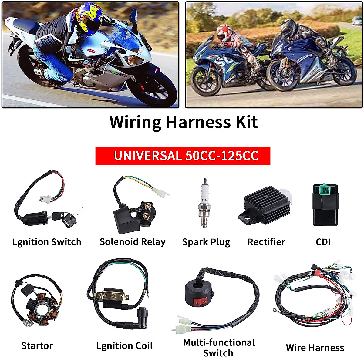 Complete Electrics Wiring Harness Coil Stator Solenoid Relay CDI Spark Plug for 4 Wheelers Stroke ATV 50cc 70cc 90cc 110cc 125cc Go Kart Pit Quad Dirt Buggy Bike Parts by OTOHANS AUTOMOTIVE