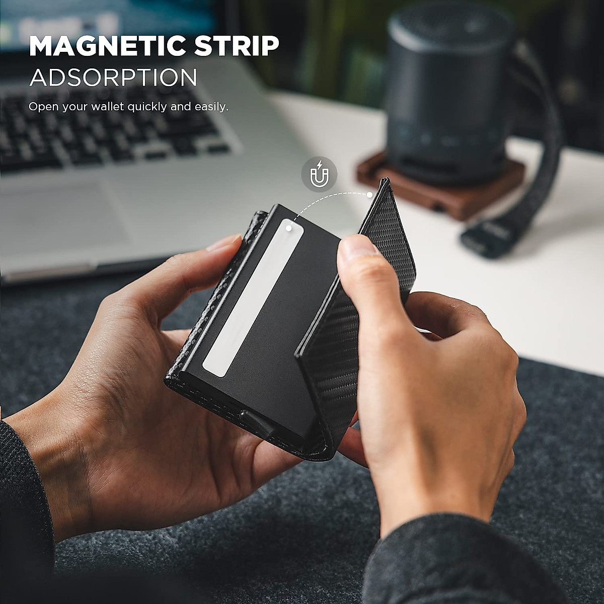 VULKIT Credit Card Holder with Banknote Compartment RFID Blocking Pop up Leather Card Wallet with ID Window for Men or Women(Carbon Black)