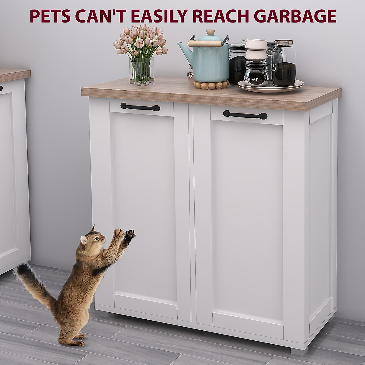 Prapark White Double Tilt Out Trash Cabinet - Kitchen Garbage Can Free Standing Holder with Negative Ion and Deodorizing - Accommodates 2 x 10-Gallon Trash Cans - Tilt Out Laundry Hamper Cabinet