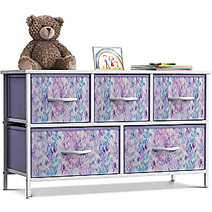 Sorbus Kids Dresser with 5 Drawers - Storage Chest Organizer Unit with Steel Frame, Wood Top, Easy Pull Fabric Bins - Long Wide TV Stand for Bedroom Furniture, Hallway, Closet & Office Organization