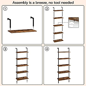 HOOBRO DIY Ladder Shelf Bookcase, 5-Tier Wall Mounted Ladder Bookshelf, Office Vertical Bookcase, Wooden Storage Shelves for Home Office, Bedroom, Living Room, Rustic Brown and Black BF53CJ01